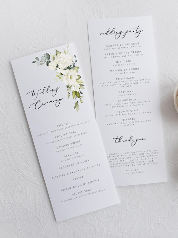 Wedding Program Fan Template White Floral Two Sided Ceremony | Etsy