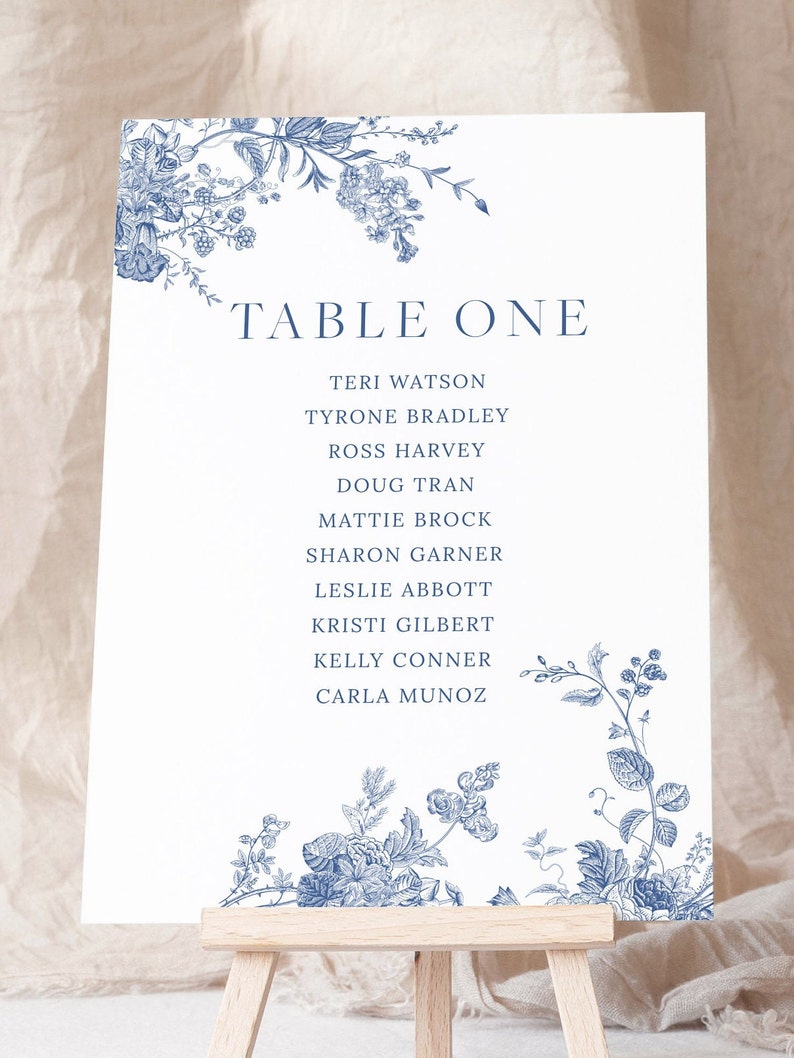 Vintage Floral Table Number With Seating, Royal Blue Floral Wedding ...