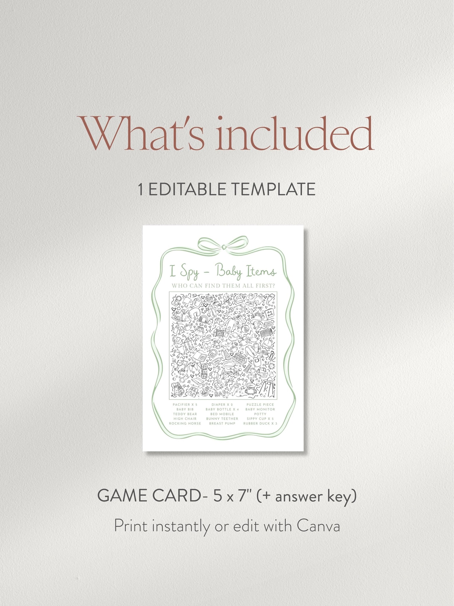 I Spy - Hidden Object Baby Shower Game Card (sage Green Bow), Gender ...