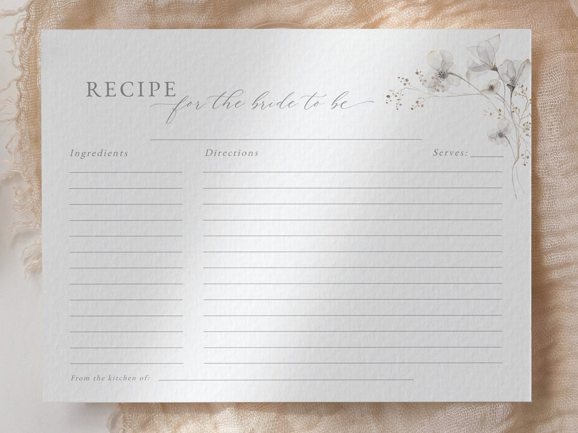 Minimalist Floral Recipe Card Template Printable Bridal - Etsy