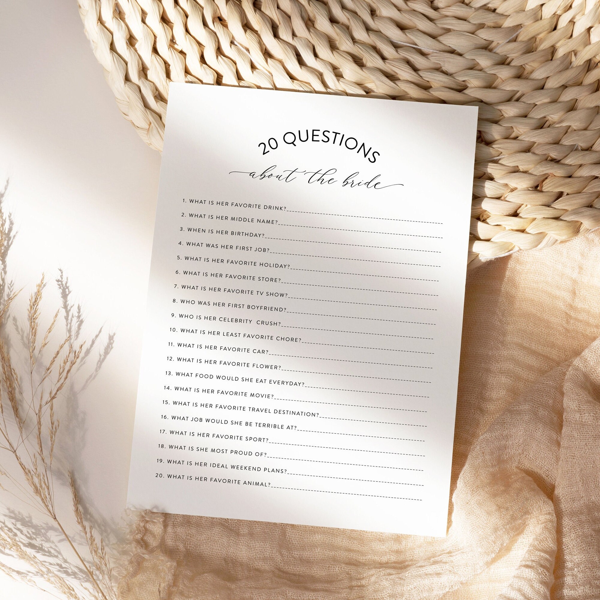 20 Questions About the Bride Minimalist Bridal Shower Game - Etsy