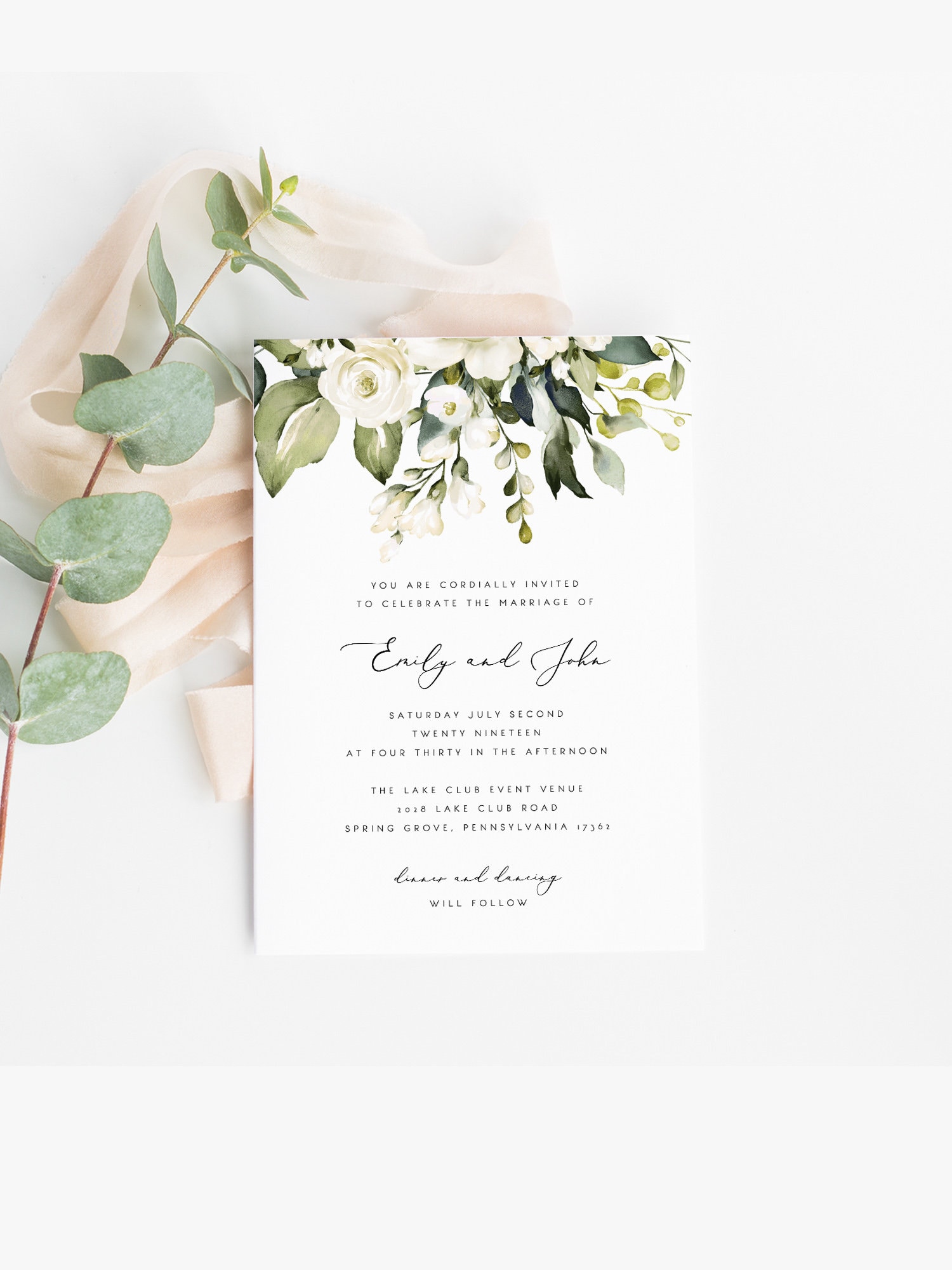 White Rose Floral Wedding Invitation Template White Flowers | Etsy