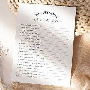 20 Questions About the Bride, Minimalist Bridal Shower Game, Who Knows ...