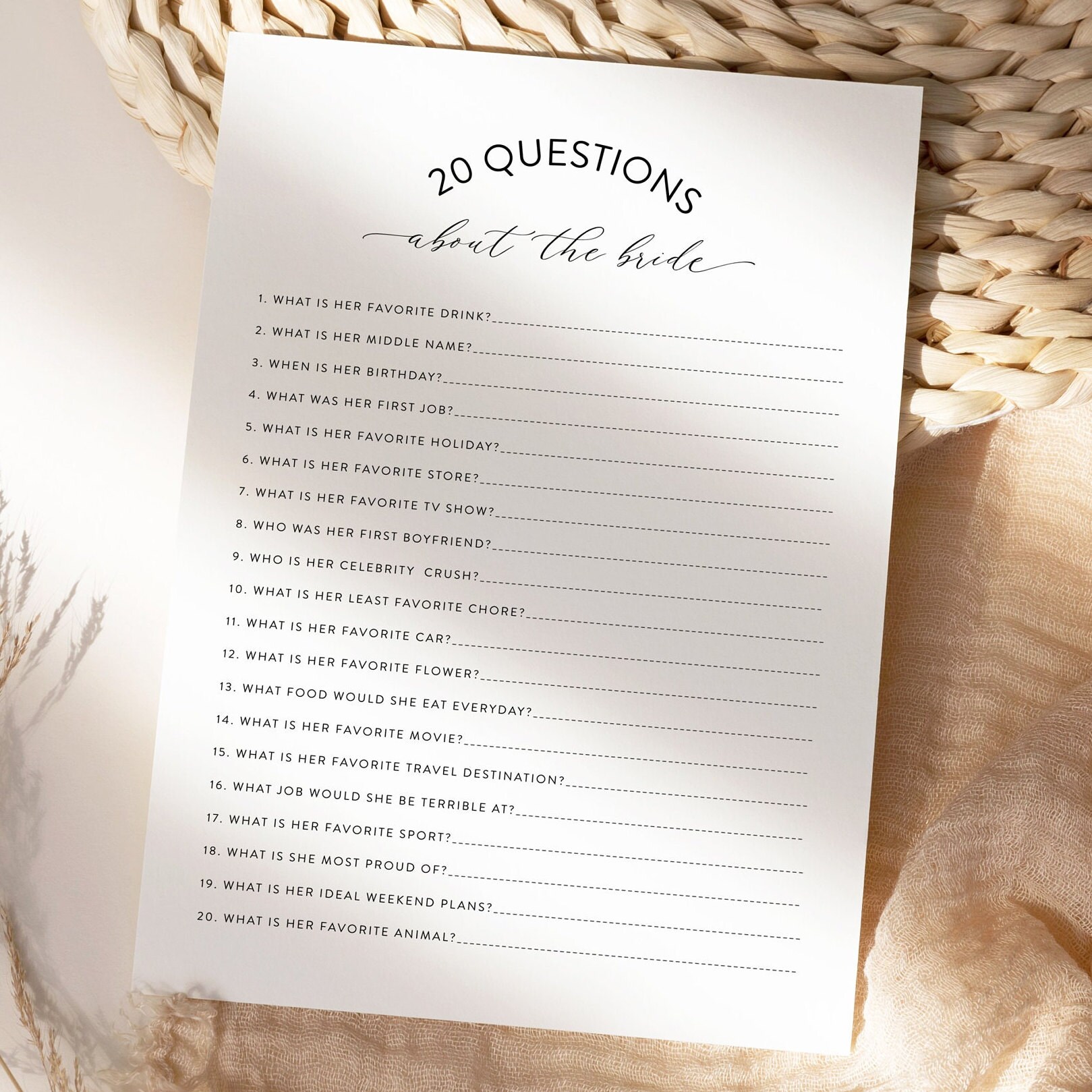 20 Questions About the Bride Minimalist Bridal Shower Game - Etsy