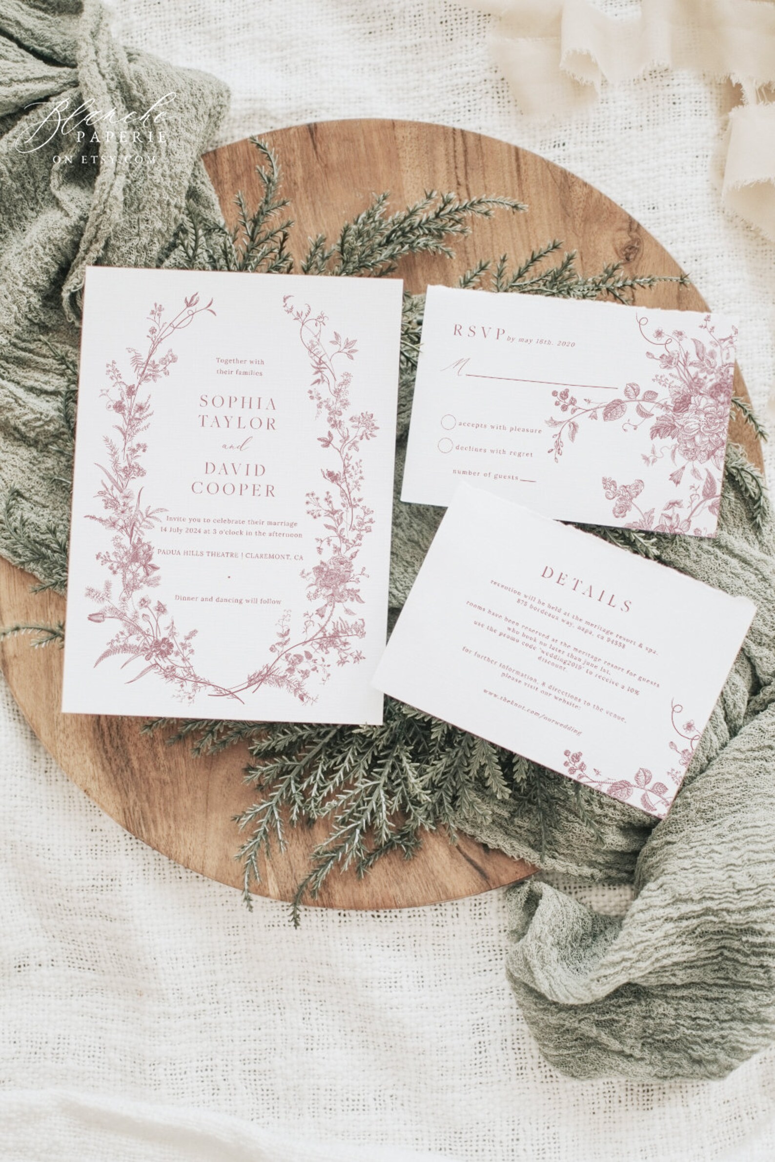 Vintage Floral Wedding Set, Dusty Pink Invitation Template, Dusty Rose ...