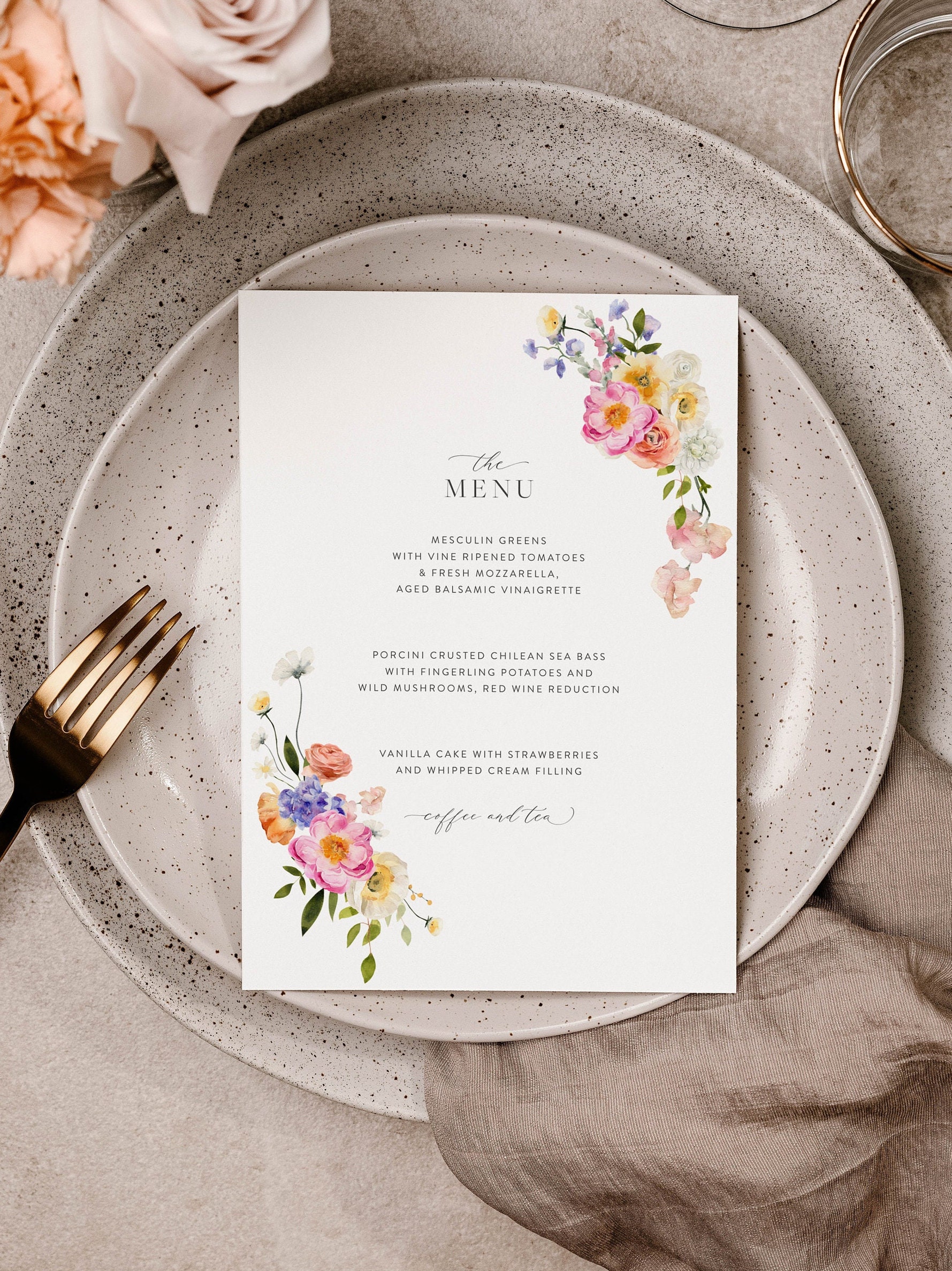 Colorful Floral Wedding Menu Template Bright Colors Printable | Etsy