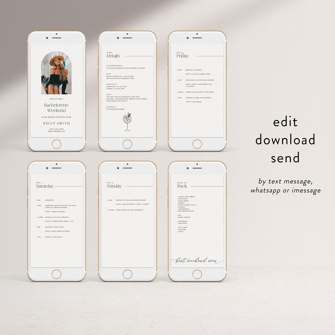 Elegant Bachelorette Weekend Itinerary, Editable Text Message ...