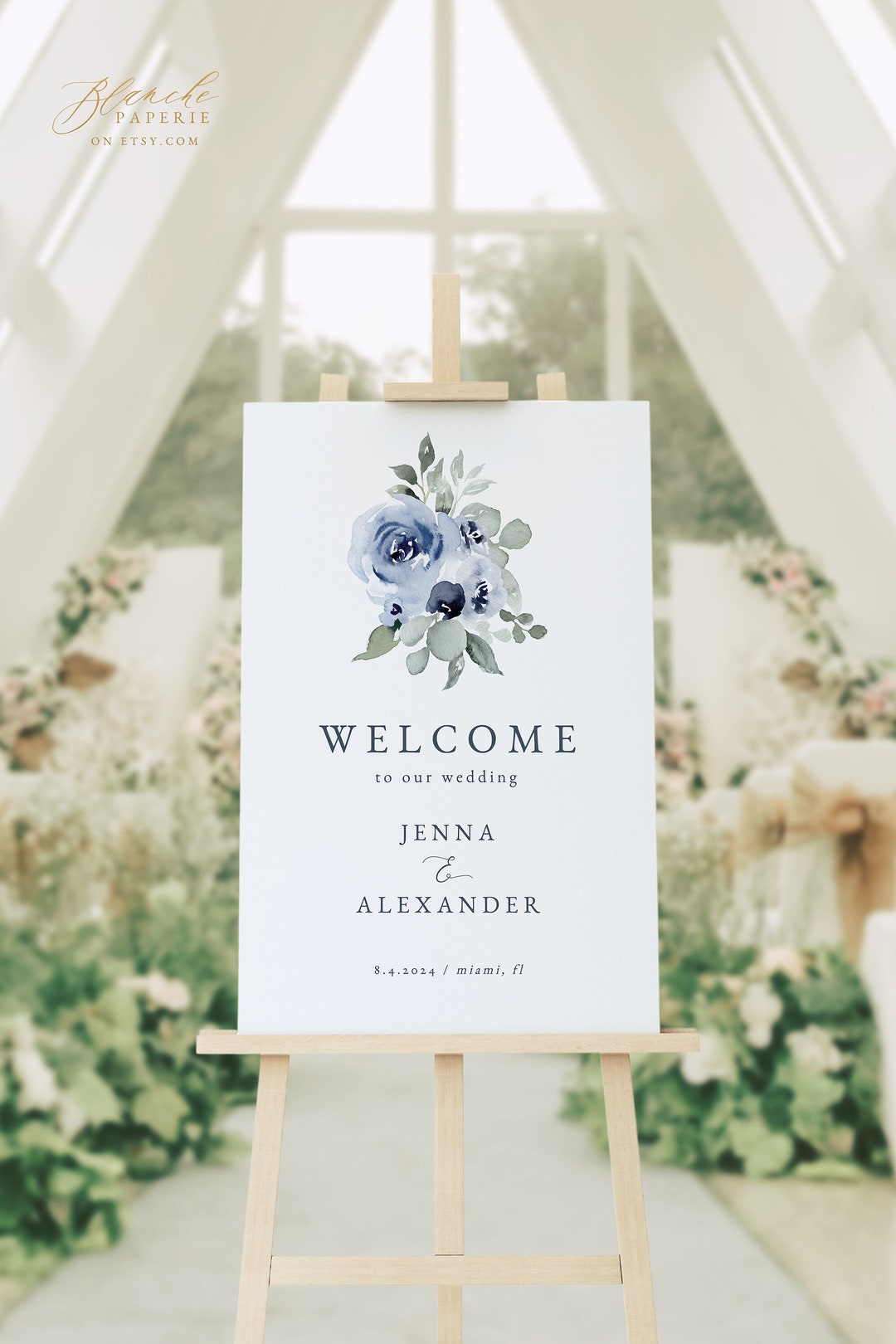 Blue Floral Welcome Sign, Sign Template, Editable Sign, Dusty Blue Sign ...