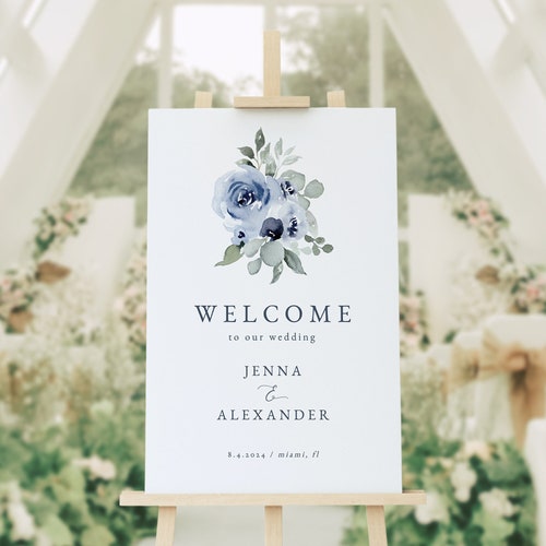 Blue Floral Welcome Sign Sign Template Editable Sign Dusty - Etsy