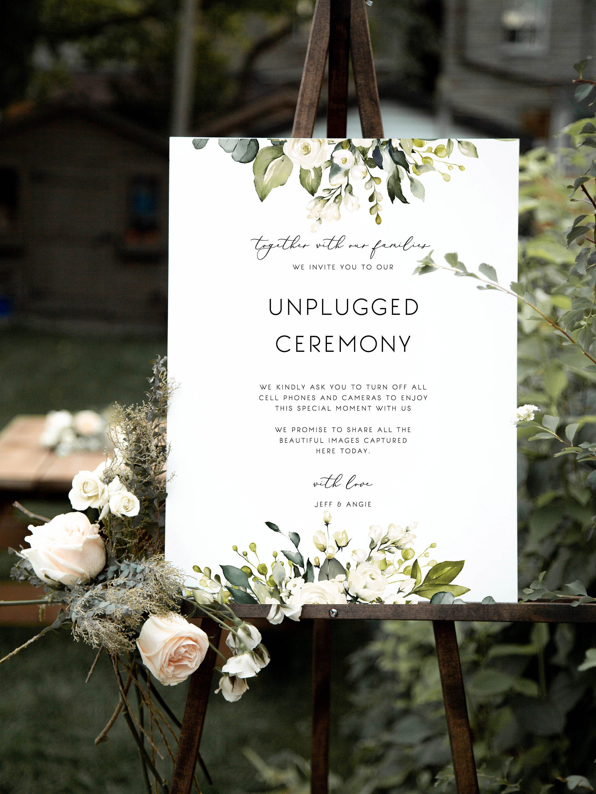 White Rose Unplugged Ceremony Sign Template Floral Sign | Etsy