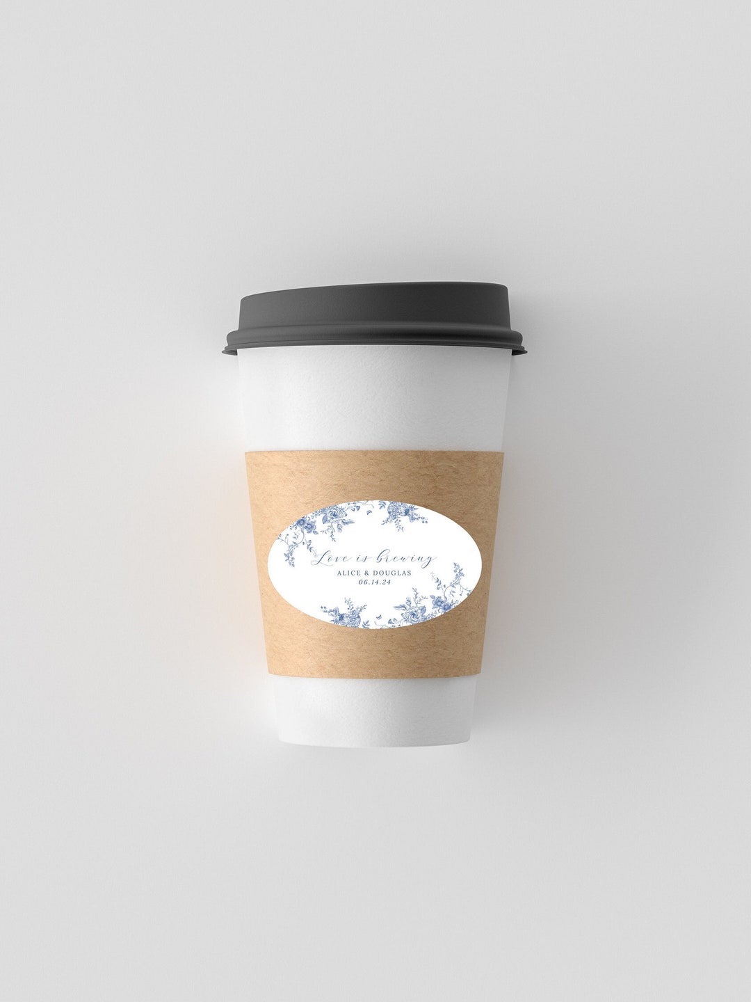 Blue Floral Coffee Sleeve Sticker, Love is Brewing, Oval Round Coffee ...