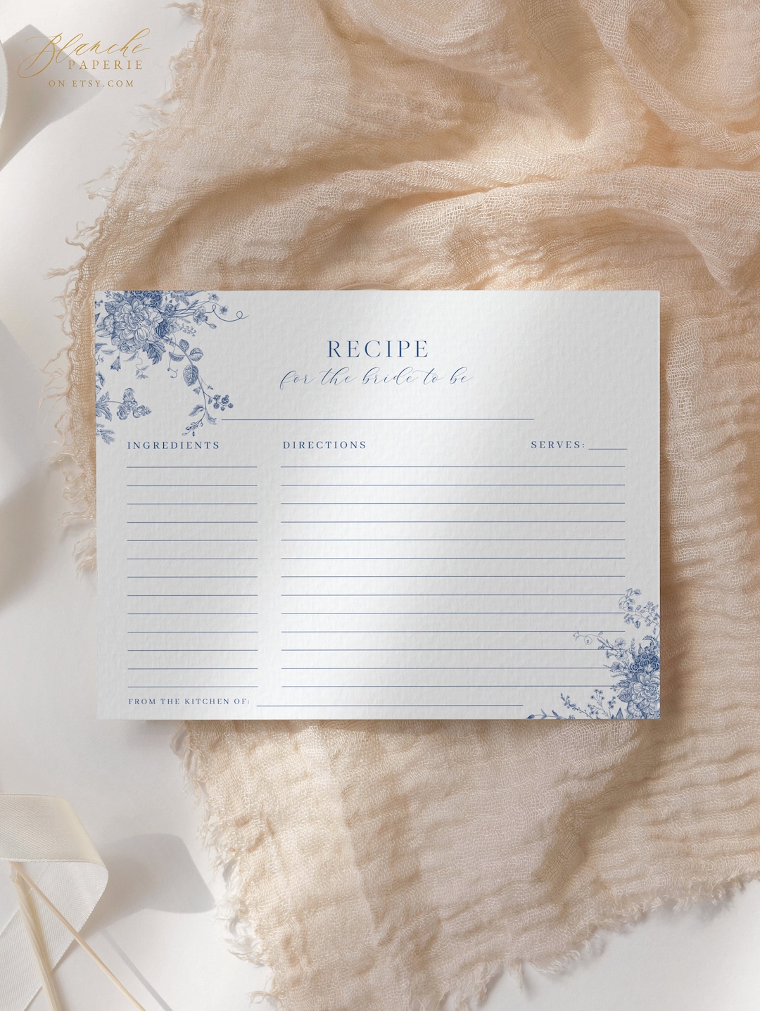 Blue Floral Recipe Card Template, Printable Bridal Shower Recipe Insert ...