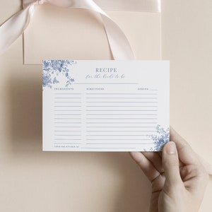 Blue Floral Recipe Card Template, Printable Bridal Shower Recipe Insert ...
