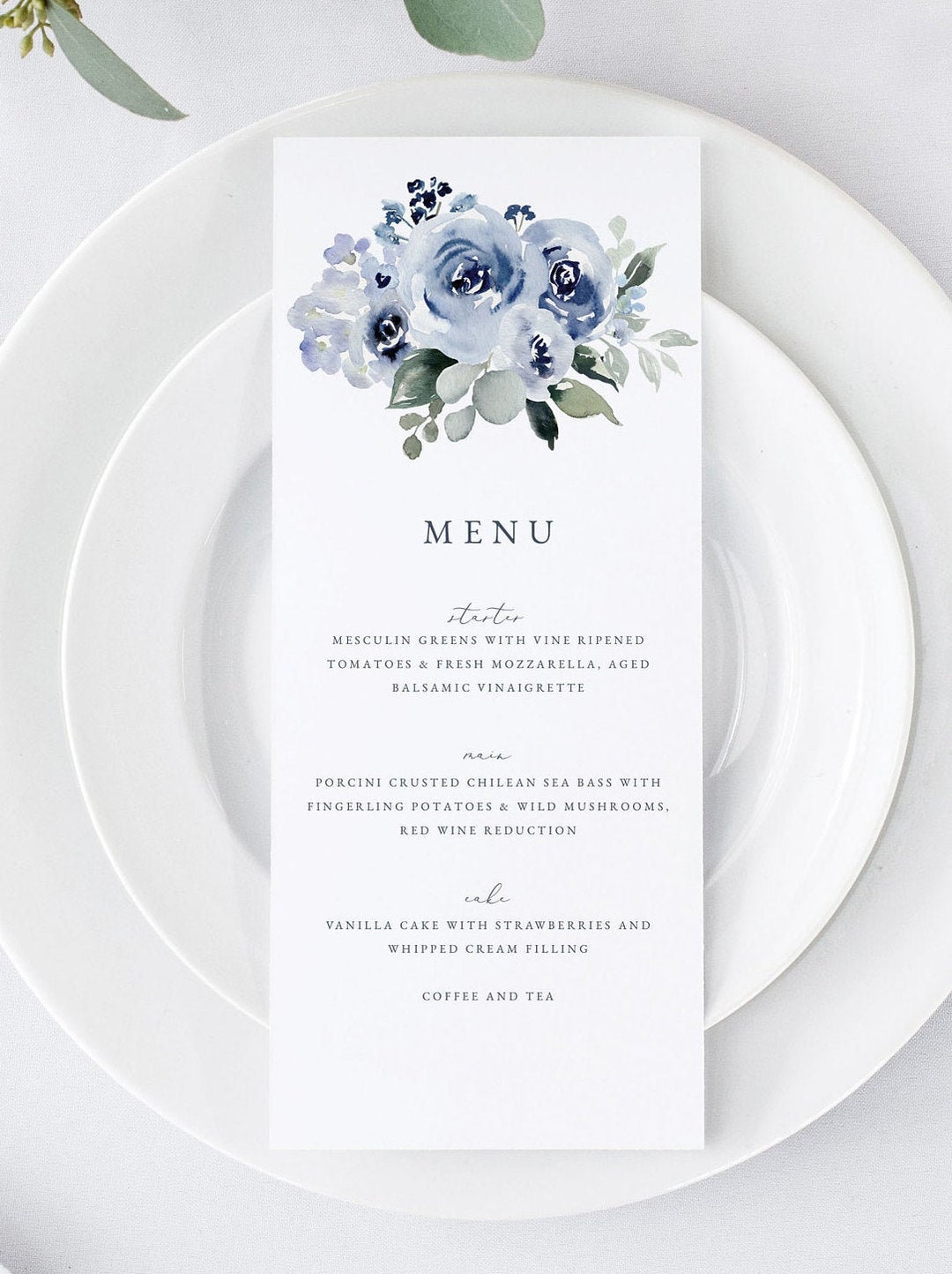 Blue Floral Wedding Menu Template, Dusty Blue Printable Menu, Editable ...