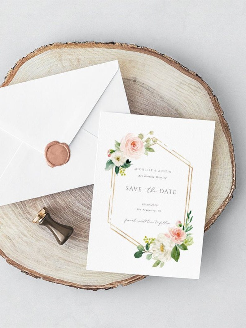 Blush Pink Floral Save the Date Template Printable Gold Floral | Etsy