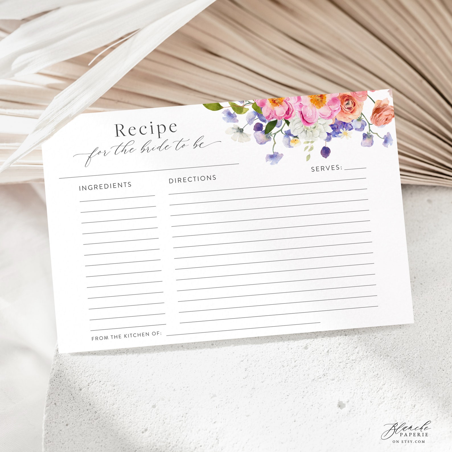 Bright Colorful Floral Recipe Card Template, Printable Bridal Shower ...