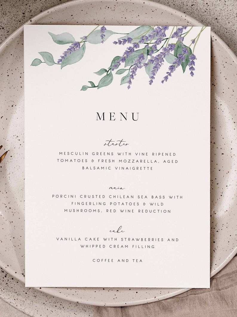 Lavender Menu Editable Template Purple Floral Menu Lilac | Etsy