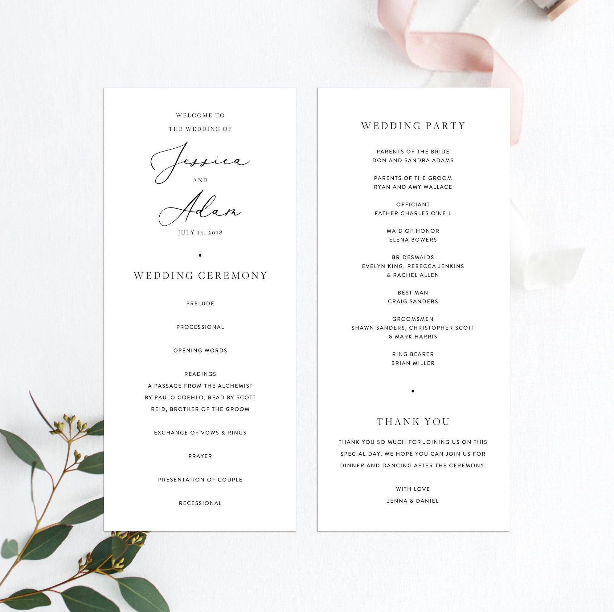Programs Paper Modern Wedding Program Template; Minimal Wedding Program ...