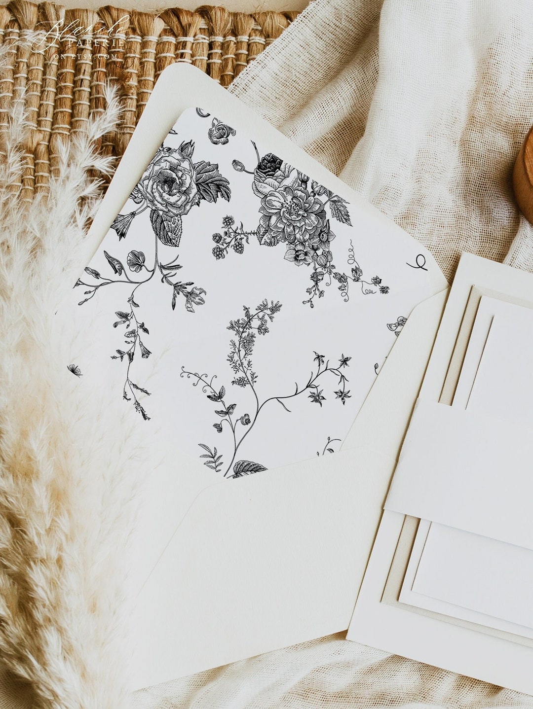 Vintage Floral Envelope Liner Template, Black Floral, Envelope Liner ...