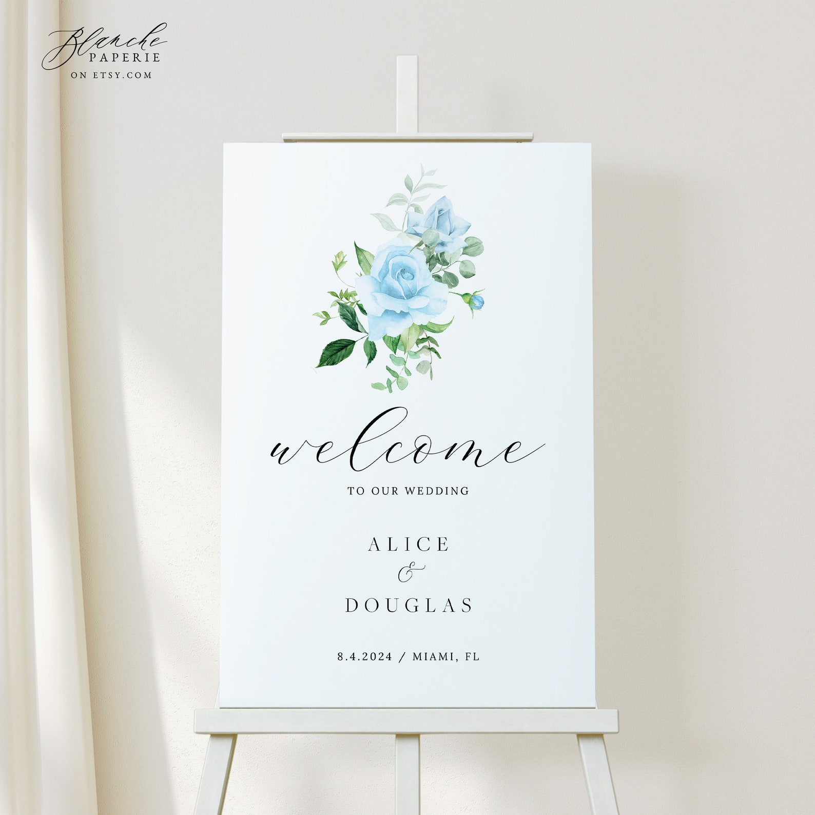 Blue Floral Welcome Sign, Sign Template, Editable Sign, Dusty Blue Sign ...