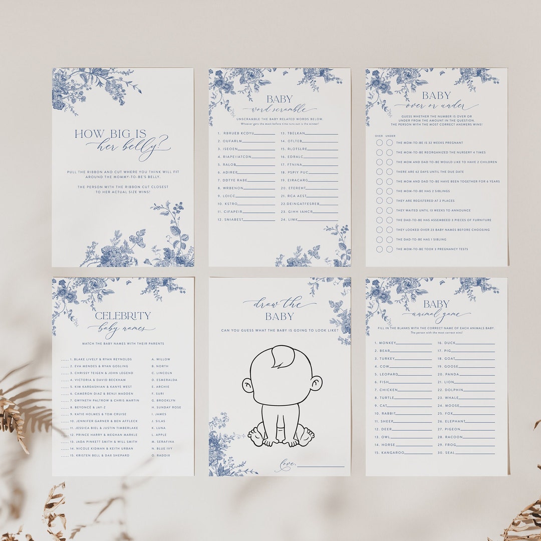 Baby Shower Games Bundle, Printable Baby Shower Games, Navy Blue Floral ...