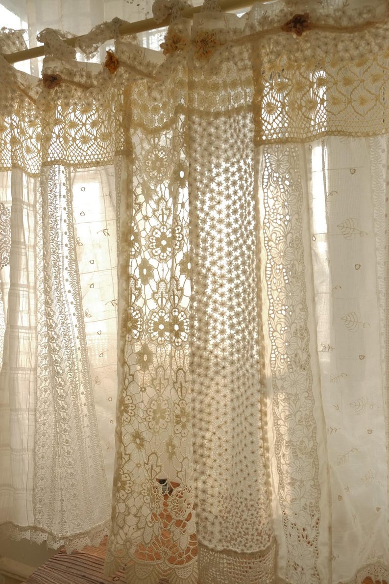 Handmade Patchwork Lace Curtain Farmhouse Shabby Chic Cottage Window ...