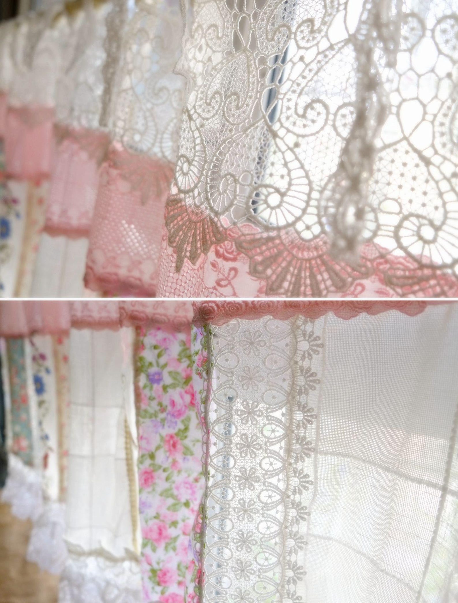 Elegant French Country Cottage Colorful Fabric Victrian Lace Curtain ...