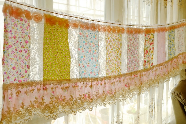 94“ Shabby Chic Victorian Curtain Valance Vintage Rosette Pink Ivory ...