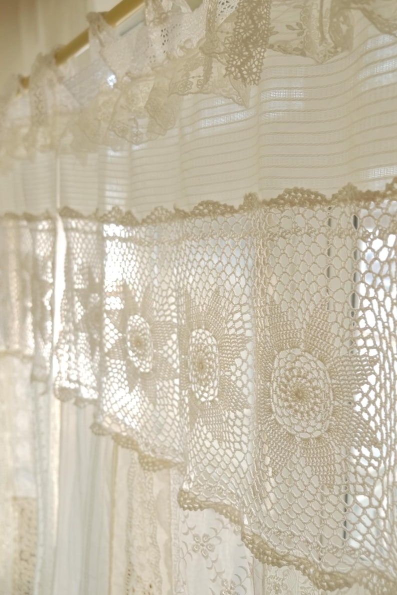 Handmade Patchwork Lace Curtain Farmhouse Shabby Chic Cottage Window ...