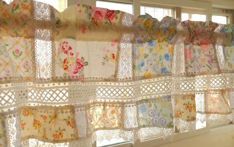 Pastel Floral Patchwork Valance – Shabby Chic Lace Curtain - Etsy