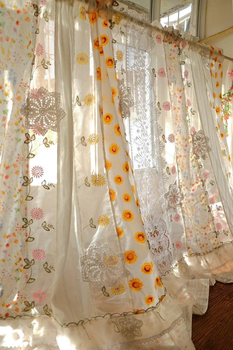 Farmhouse Floral Garden Lace Curtain Featuring Vintage Doilies and ...