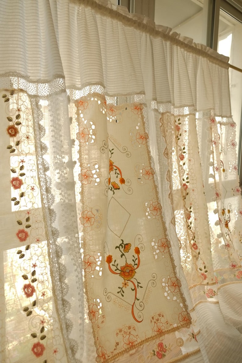 Vintage Floral Lace Curtain, Shabby Chic Sheer Panel, Embroidered Café ...