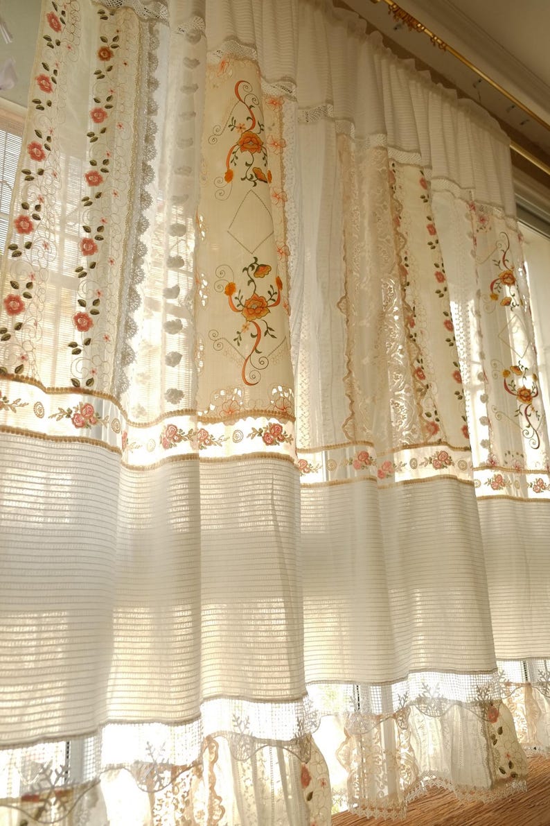 Vintage Floral Lace Curtain, Shabby Chic Sheer Panel, Embroidered Café ...