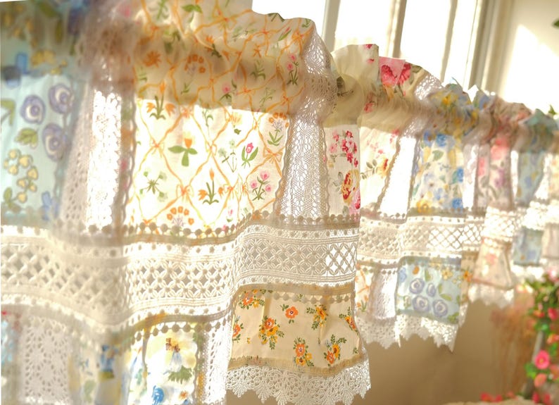 Pastel Floral Patchwork Valance – Shabby Chic Lace Curtain - Etsy
