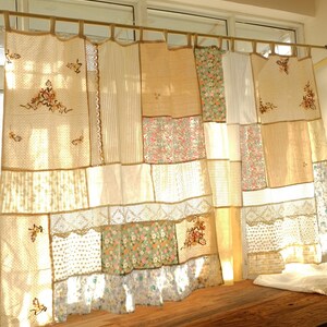 Vintage Farmhouse Patchwork Curtain With Embroidered Florals and ...