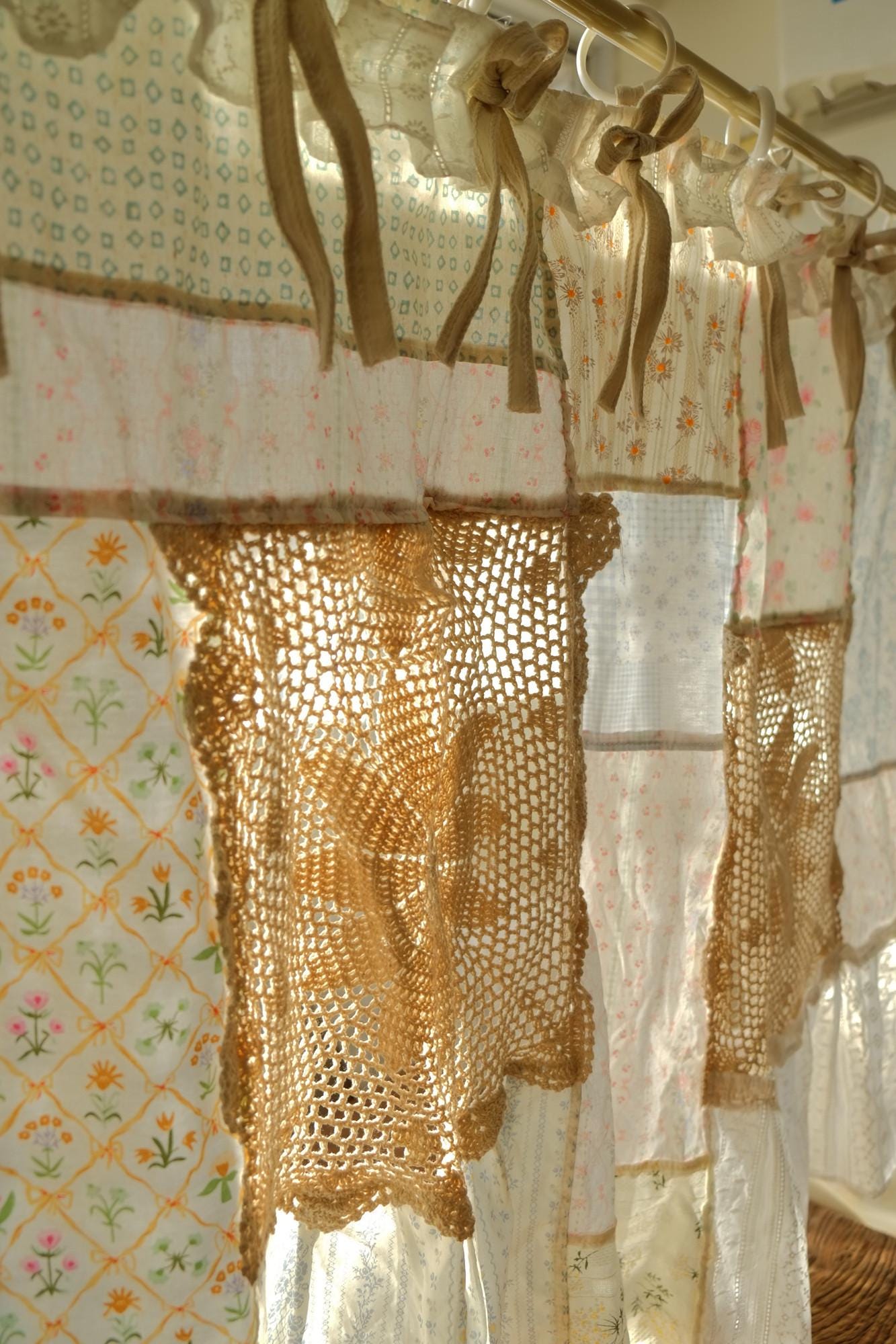 Vintage Crochet Lace Patchwork Curtain, Rustic Farmhouse Décor ...