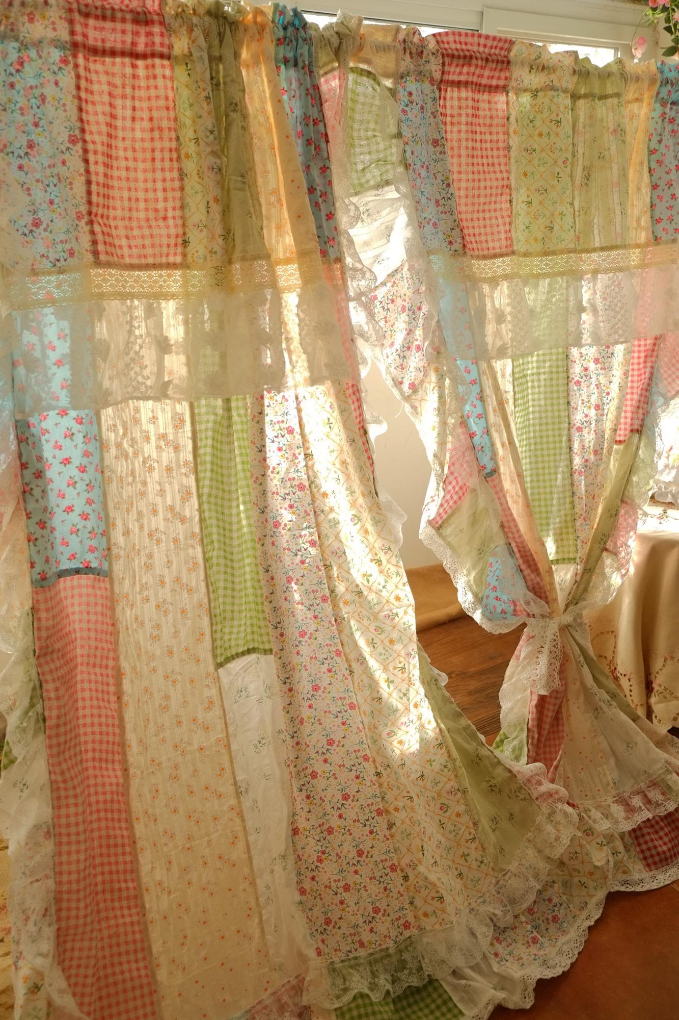 Colorful Patchwork Lace Curtain Panel French Country Shabby Chic Drapes ...