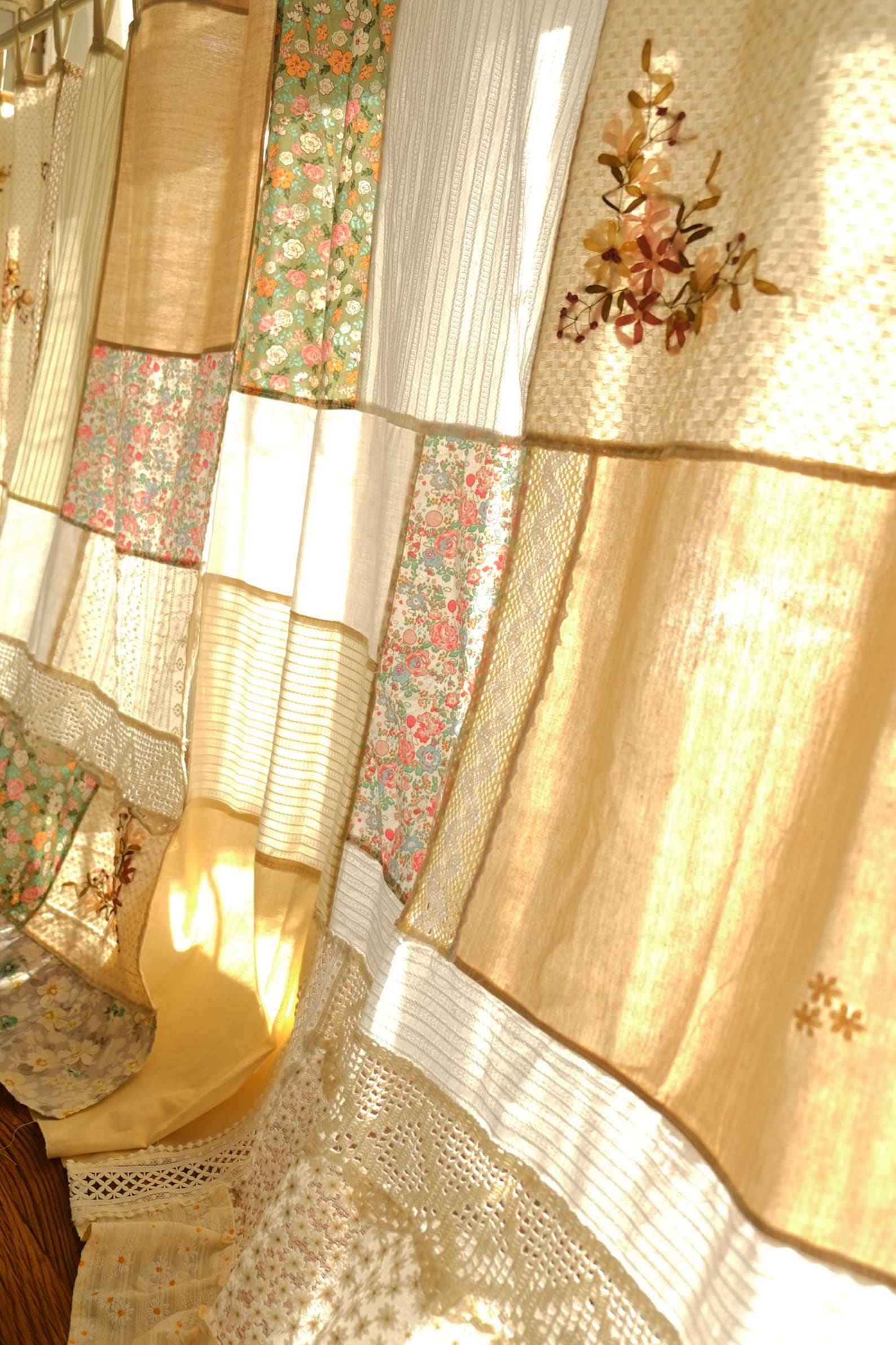 Vintage Farmhouse Patchwork Curtain With Embroidered Florals and ...