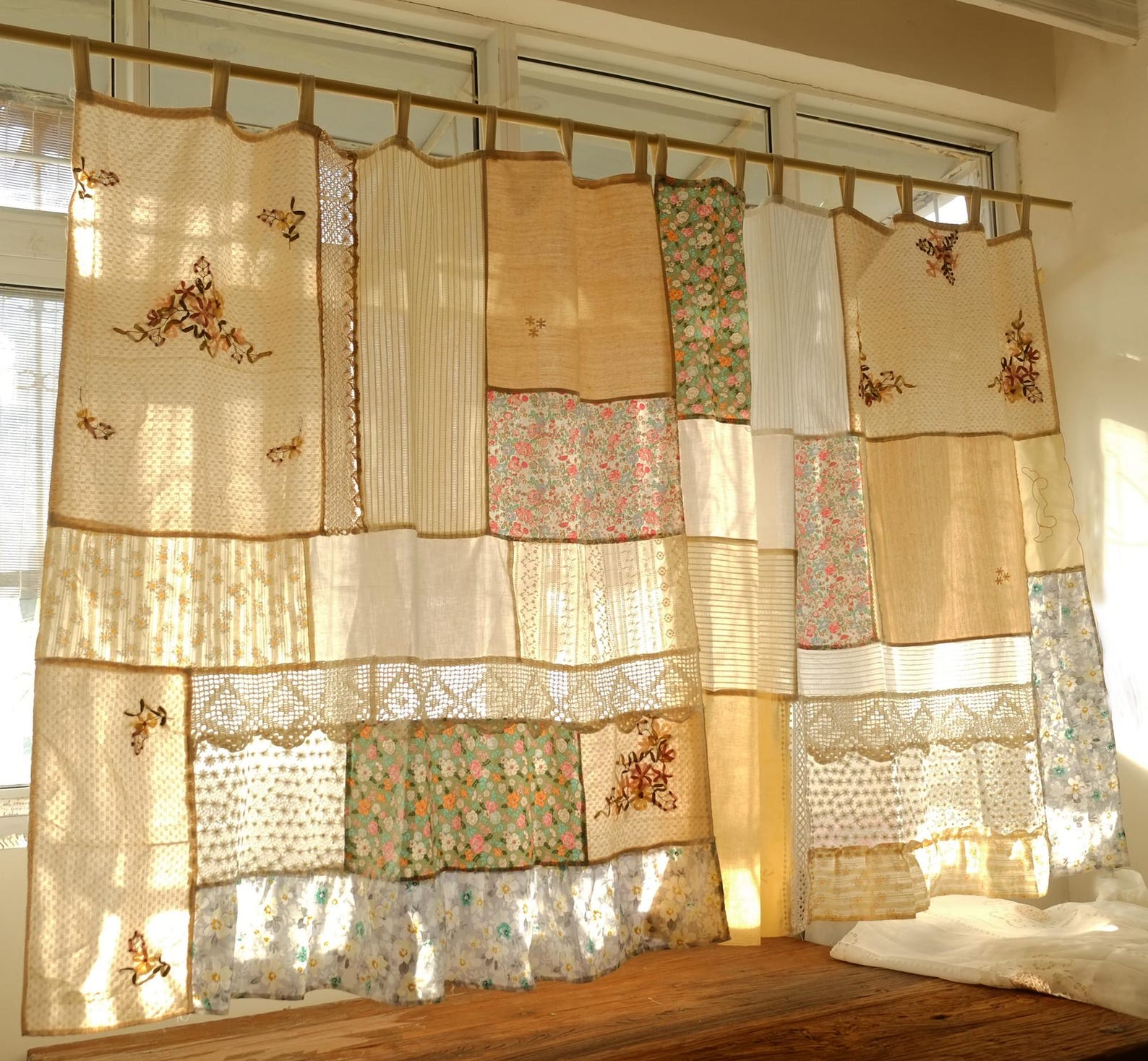 Vintage Farmhouse Patchwork Curtain With Embroidered Florals and ...