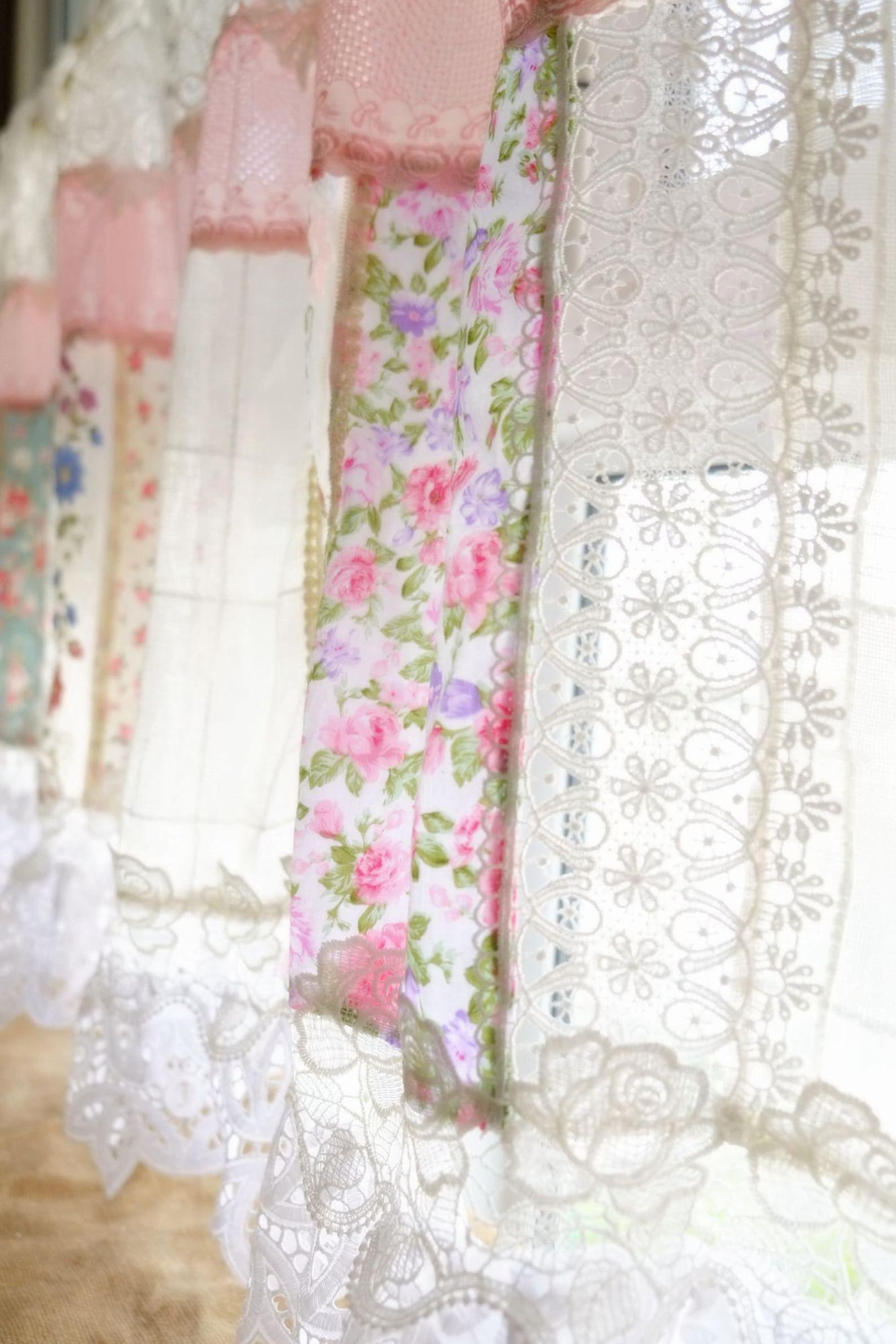 Elegant French Country Cottage Colorful Fabric Victrian Lace Curtain ...