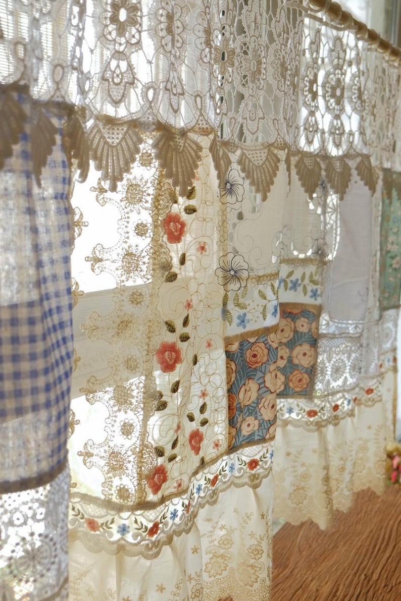 Vintage Patchwork Lace Curtain Panel – Cottagecore Kitchen Valance With ...