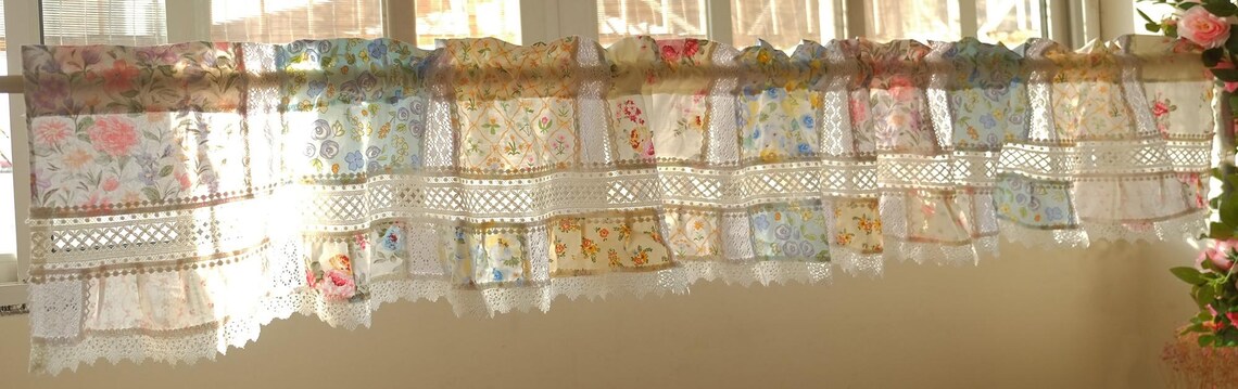 Pastel Floral Patchwork Valance – Shabby Chic Lace Curtain - Etsy