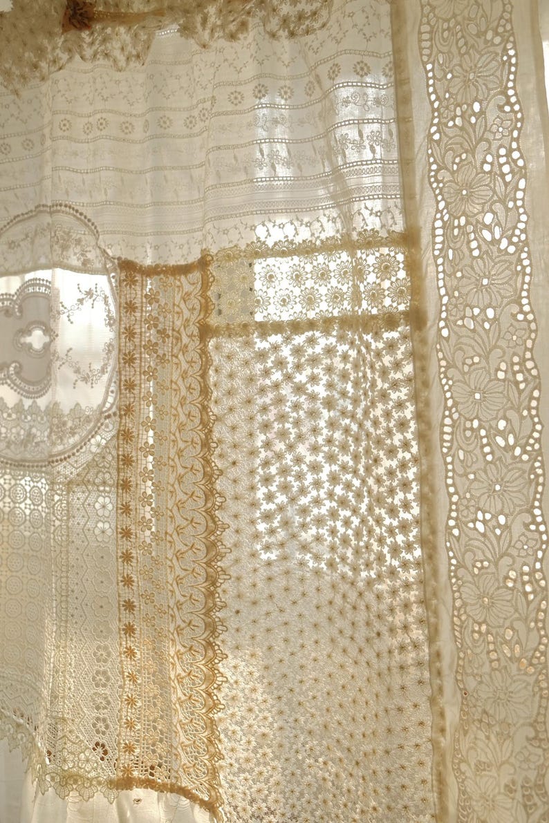 Handmade Patchwork Lace Curtain Farmhouse Shabby Chic Cottage Window ...