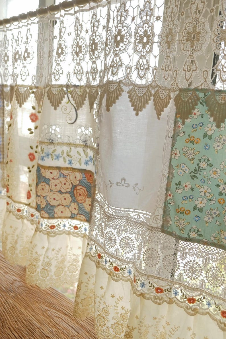 Vintage Patchwork Lace Curtain Panel – Cottagecore Kitchen Valance With ...