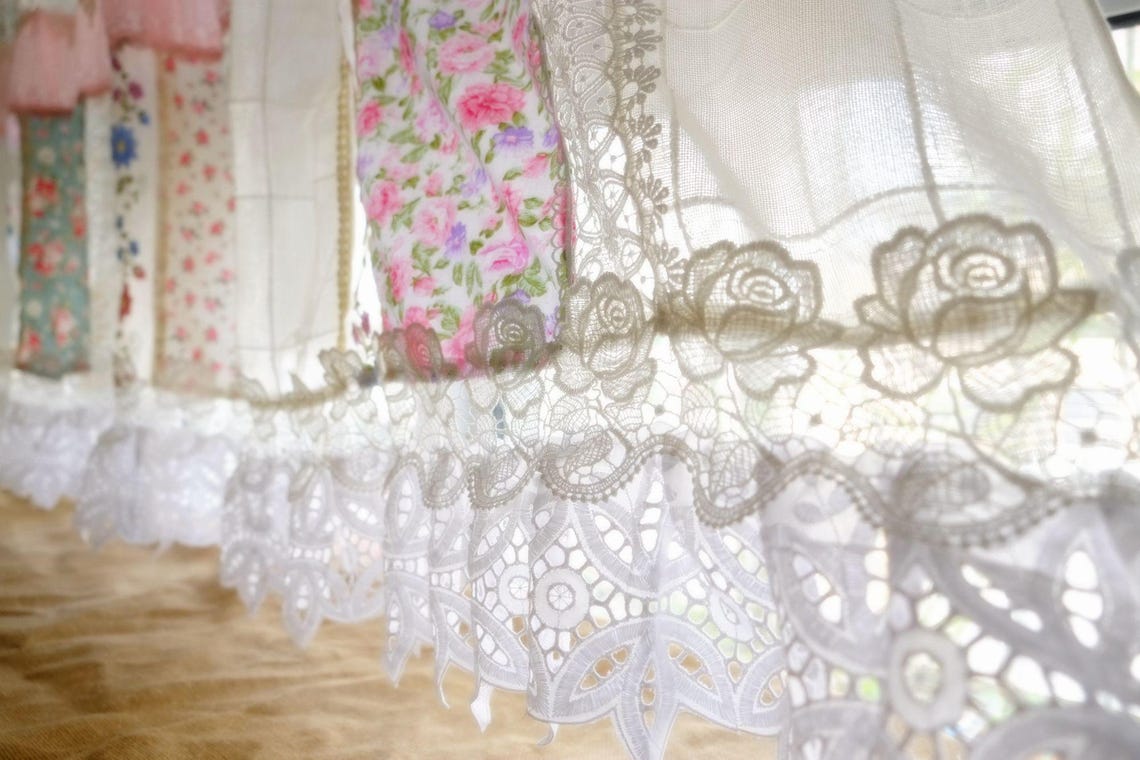 Elegant French Country Cottage Colorful Fabric Victrian Lace Curtain ...