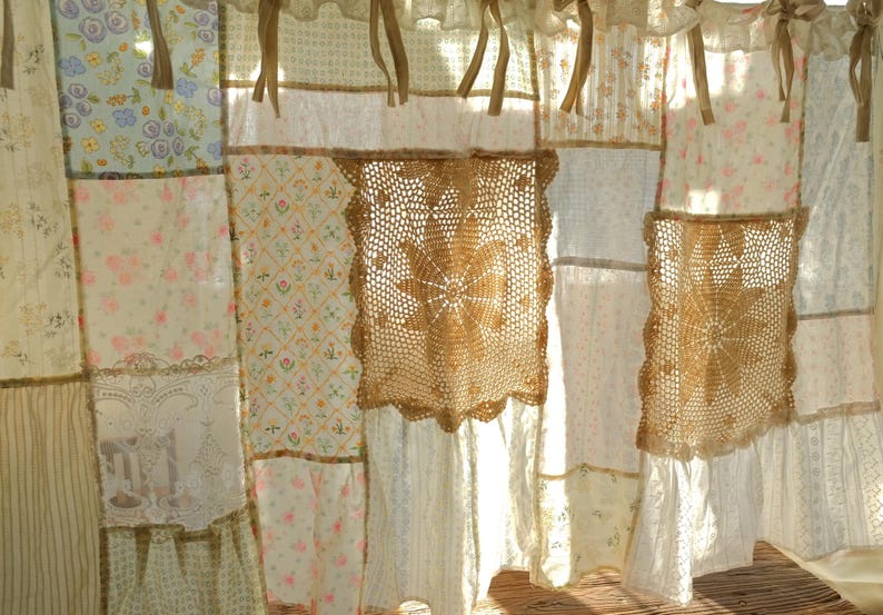 Vintage Crochet Lace Patchwork Curtain, Rustic Farmhouse Décor ...