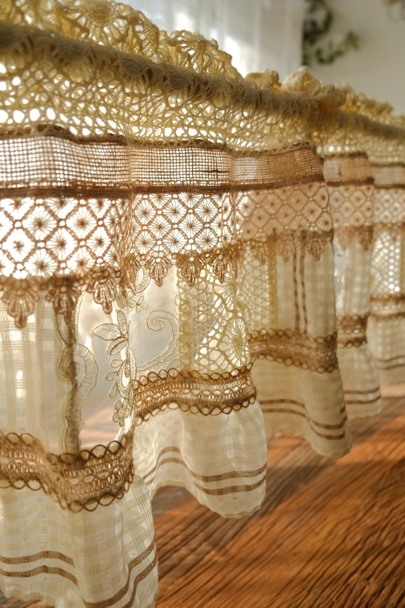 Vintage Cream Crochet Lace Patchwork Curtain, Victorian Cutwork Valance ...