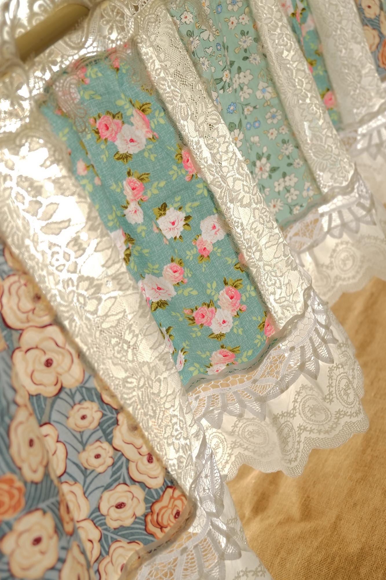 Floral Patchwork Lace Valance Curtain, Handmade Cottage Kitchen Valance ...