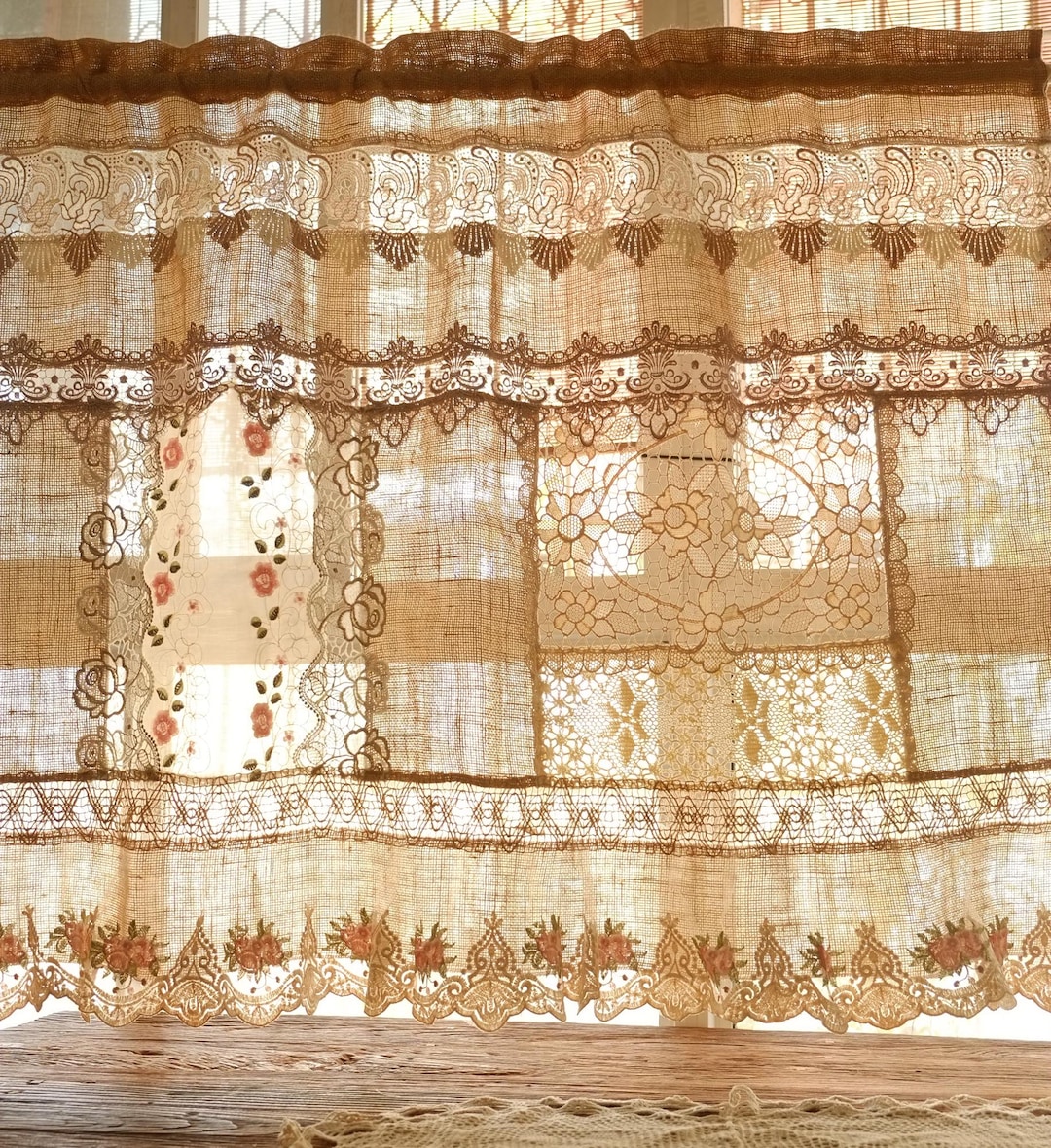 Handmade Farmhouse Burlap Lace Curtain: Shabby Chic Valance - Etsy