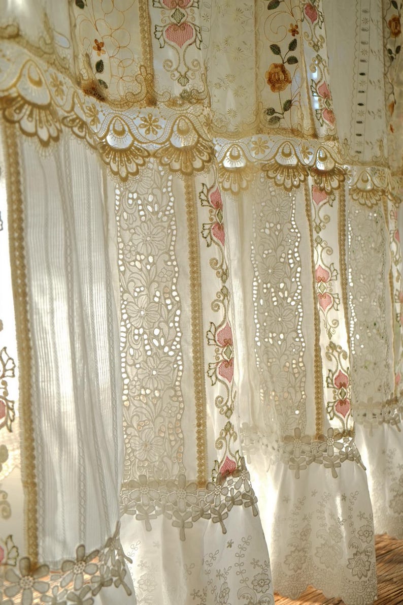 Vintage Handmade Patchwork Lace Curtain Embroidered Floral Cottage ...